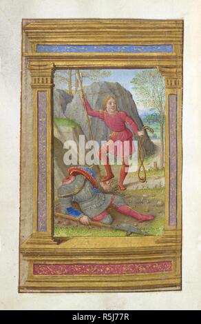 David and Goliath. Book of Hours. France; 15th century. [Whole folio ...