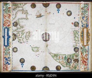 A 1542 map of the Atlantic Ocean from Boke of Idrography by Jean Rotz ...