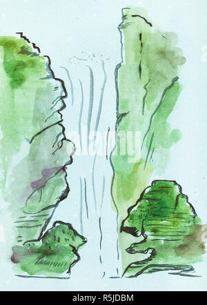 Waterfall. Hand drawn watercolor illustration, isolated on white ...