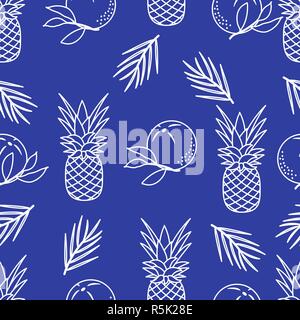 Seamless pattern with pineapples, orange, leaves. Tropical fruit ...