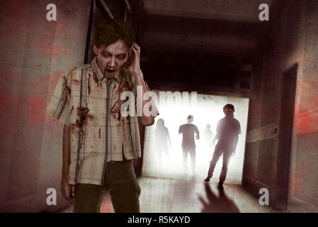 Horrible asian zombies with red eyes on the dark room Stock Photo - Alamy
