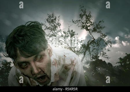 Creepy asian zombie man with wounded face isolated over white ...