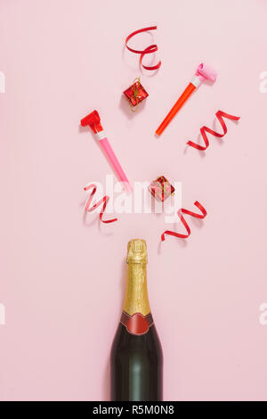 Christmas gift boxes and champagne. Flat lay with space for your Xmas ...
