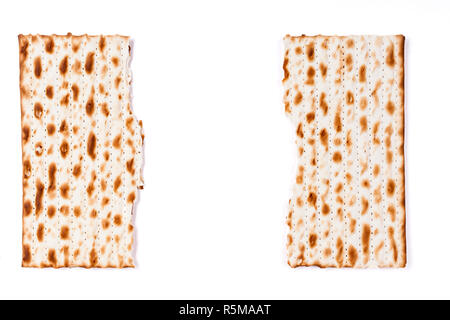 Broken in half Jewish traditional Pesach textured Matza bread ...