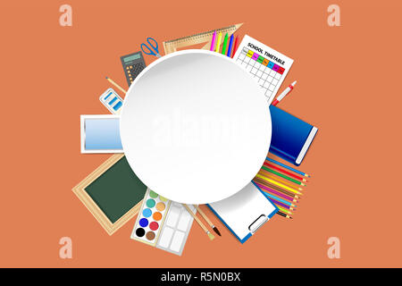 School supplies around the empty green chalkboard Stock Photo - Alamy