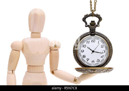wooden model dummy holding pocket watch isolated on white background ...