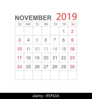 Vector of calendar 2019 ( November ) in simple clean table style with ...