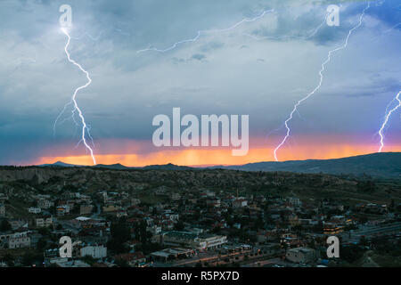 Goreme city at night in Cappadocia, Central Anatolia, Turkey Stock ...