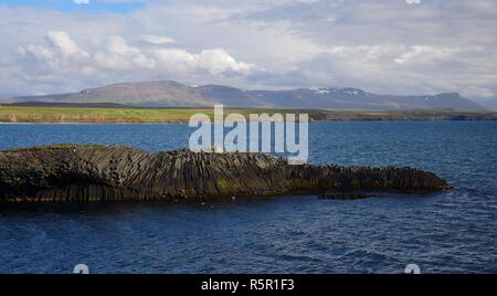 Icelandic landscape at Kalfshamarsvik on peninsula Skagi with basalt ...