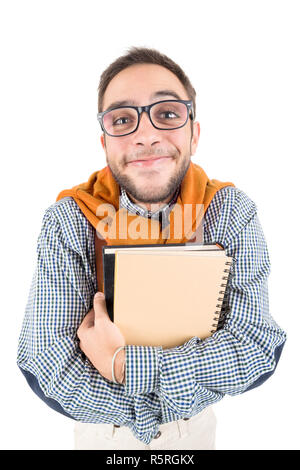 Nerd student posing with books isolated in a white background Stock ...