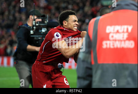 Trent Alexander-Arnold of Liverpool celebrates with Mohamed Salah of ...