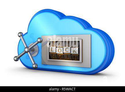 3d illustration of cloud with combination lock over blue background ...
