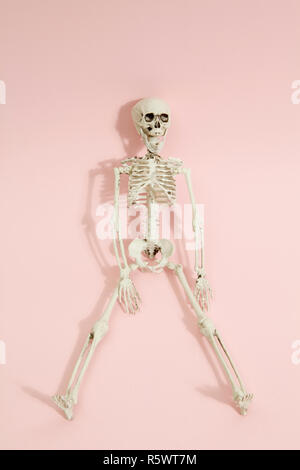 Isolated plastic toy skeleton a a vibrant pop pink background. Minimal ...