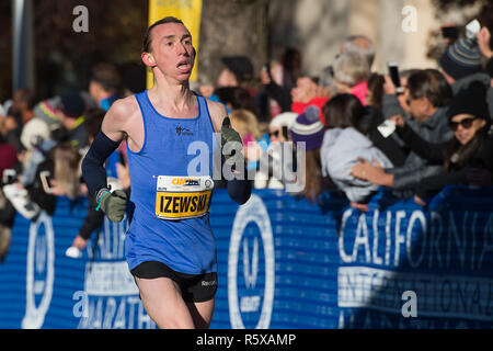 Sacramento, CA, USA. 2nd Dec, 2018. Race winner Emma Bates celebrates ...