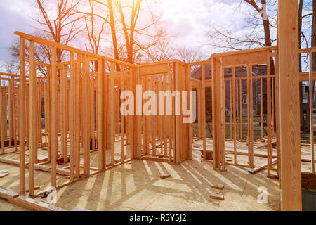 A stick built house under construction New build with wooden truss ...