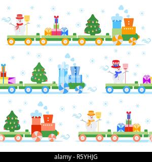 Seamless pattern with Christmas train carries Christmas tree, snowman ...