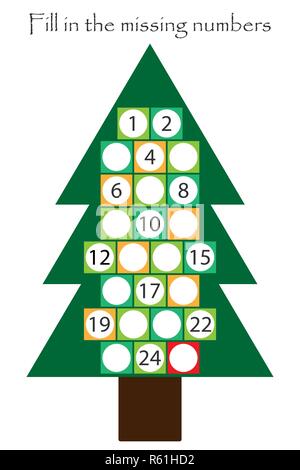 Game with christmas tree for children, fill in the missing numbers ...