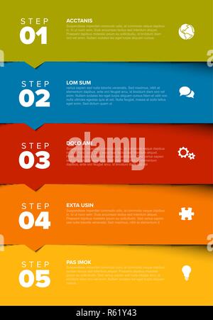 Five white vector progress block steps template with color border ...