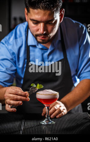 Bartender is decorating cocktail with mint leaf Stock Photo - Alamy