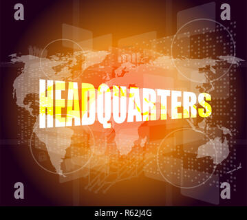 headquarters words on digital screen background with world map Stock ...