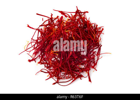 Saffron spice threads (strands) isolated on white background. Saffron ...