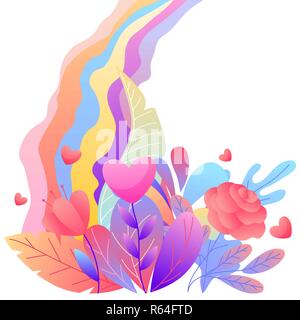 Vector spring rainbow with bouquet and hearts. Cartoon hand drawn ...