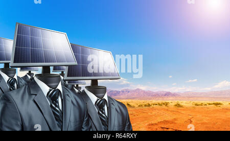 Men in suits with solar panels instead of a head. Robots businessmen in ...