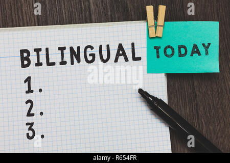 Writing note showing Bilingual. Business photo showcasing speaking two ...
