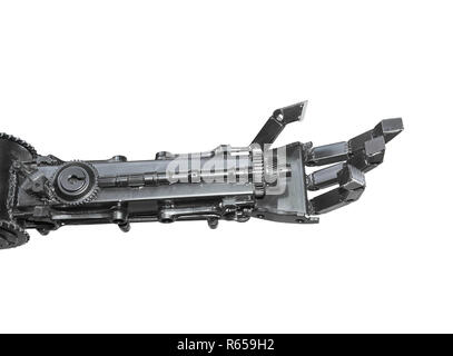 futuristic silver cyborg gesturing with hand and looking at digital ...