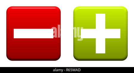 Green Plus sign and red Minus sign isolated on white background, three ...