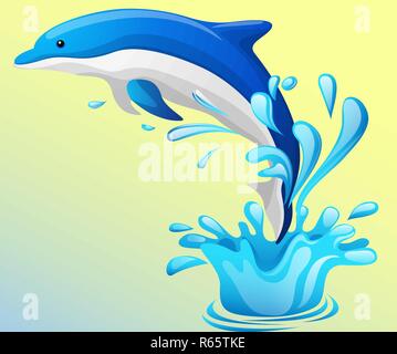 Dolphin jump out of water. Cartoon marine landscape with jumping ...