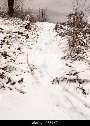 wintry scenery. frozen lake with footprints and snow-covered shore ...