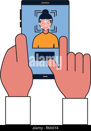 hand with cellphone face scan biometric technology vector illustration ...