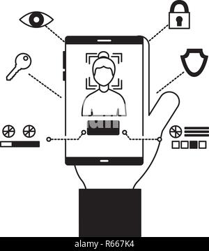 hand with cellphone face scan biometric technology vector illustration ...
