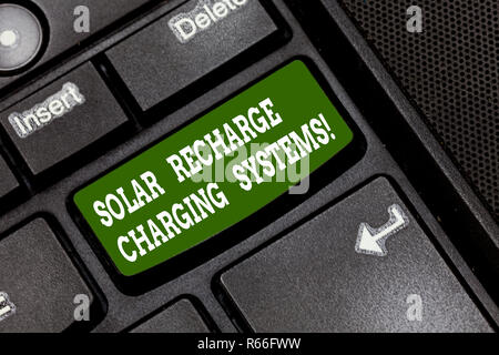Text sign showing Solar Recharge Charging Systems. Conceptual photo New innovative alternative ...