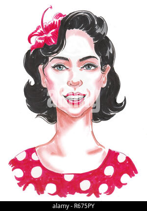 Pretty pin-up girl. Ink black and white illustration Stock Photo - Alamy