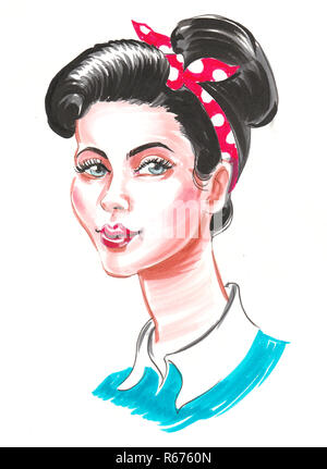 Pretty pin-up girl. Ink black and white illustration Stock Photo - Alamy