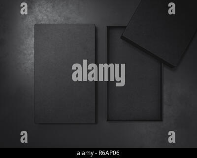 Blank black square boxes mockup on black background. 3d illustration ...