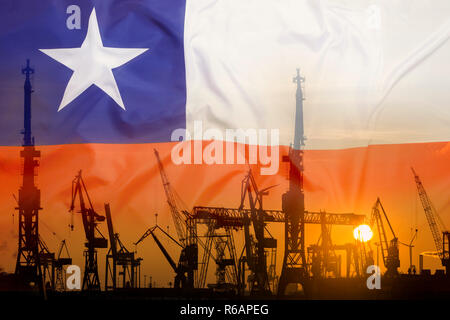 Freight container with Chile national Flag design hanging on a spreader ...