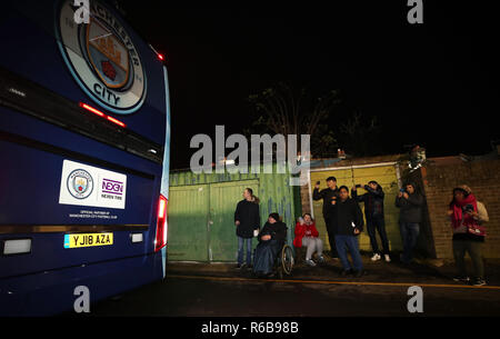 The Manchester City team bus arrives at the stadium prior to the ...