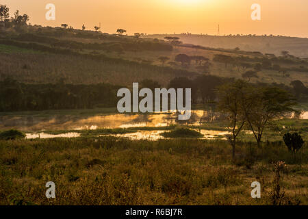 Spectacular savannah landscape of sun raising above marshes. Rwanda ...
