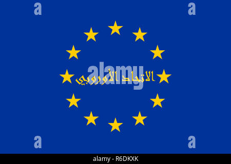 Flag of EU with Arabic ligature inscription, which means: Europe Stock ...