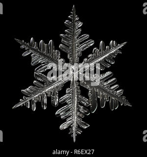Extreme magnification - Real snowflake isolated on black background ...
