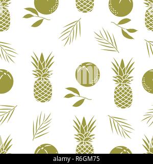 Seamless pattern with pineapples, orange, leaves. Tropical fruit ...