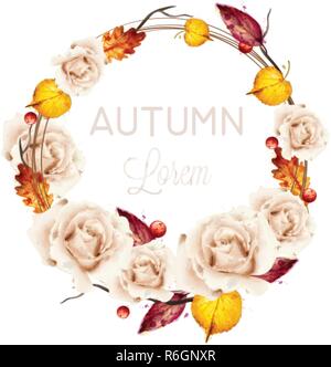 Watercolor autumn floral frame with roses, flowers, berries fall leaves ...