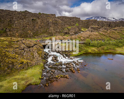 Aerial of Oxararfoss, Almannagja fissure, Thingvellir National Park ...