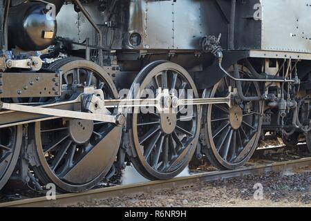 wheels of an old functioning steam locomotive with drawbar and crank ...