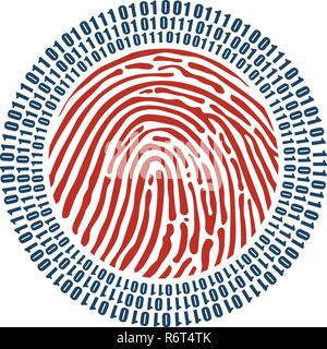 Binary code. Biometric data by fingerprint shape. Cyber security technology. Digital ...