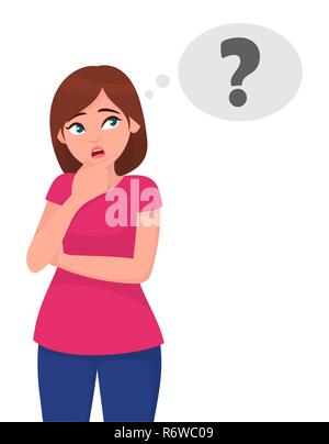 Girl with question mark in think bubble. Young troubled woman. People ...