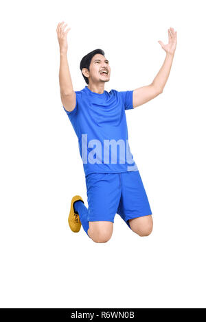 Young attractive guy playing with football on white background Stock ...